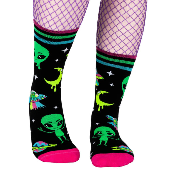 Spaced Out Alien UV Reactive Crew Socks - The Sugarpuss Collection