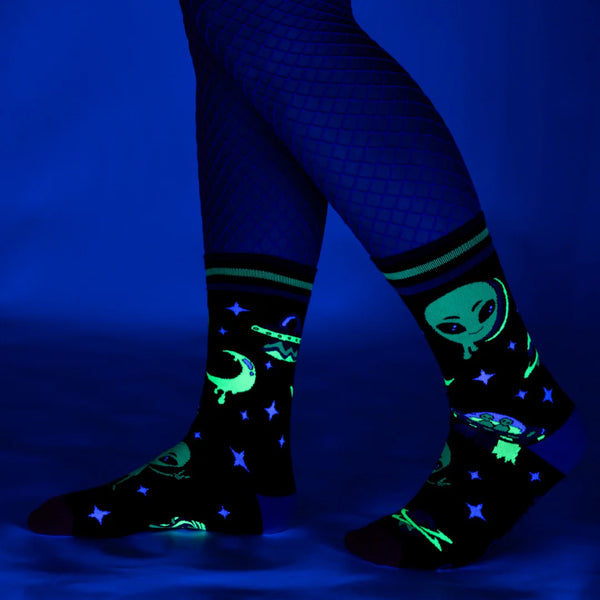 Spaced Out Alien UV Reactive Crew Socks - The Sugarpuss Collection
