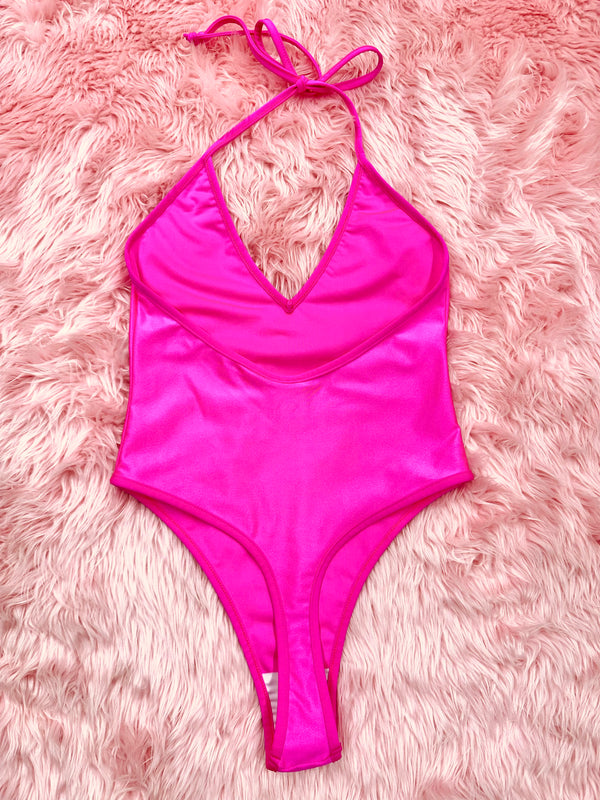 Lycra High Cut Halter Bodysuit in Neon Pink - The Sugarpuss Collection